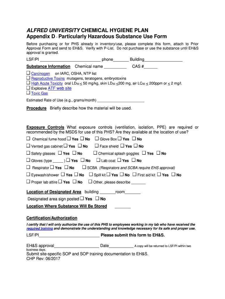 Fillable Online Particularly Hazardous Substance Use Form - My Alfred ...