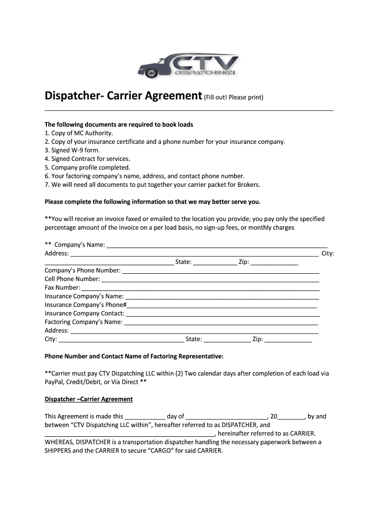 Dispatcher Carrier Agreement Template Fill Online Printable 