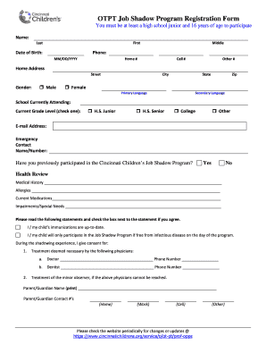 Fillable Online OTPT Job Shadow Program Registration Form. OTPT Job ...