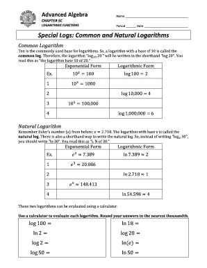 Fillable Online Special Logs: Common and Natural Logarithms - edl.io ...