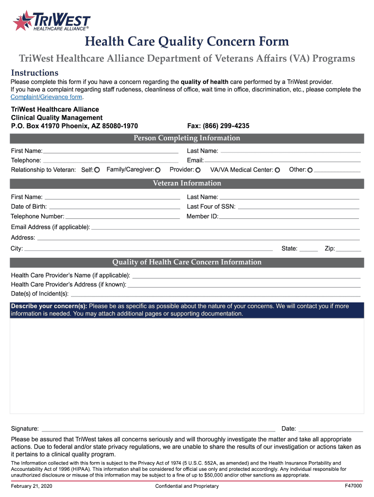 Fillable Online Health Care Quality Concern Form - TriWest Healthcare ...