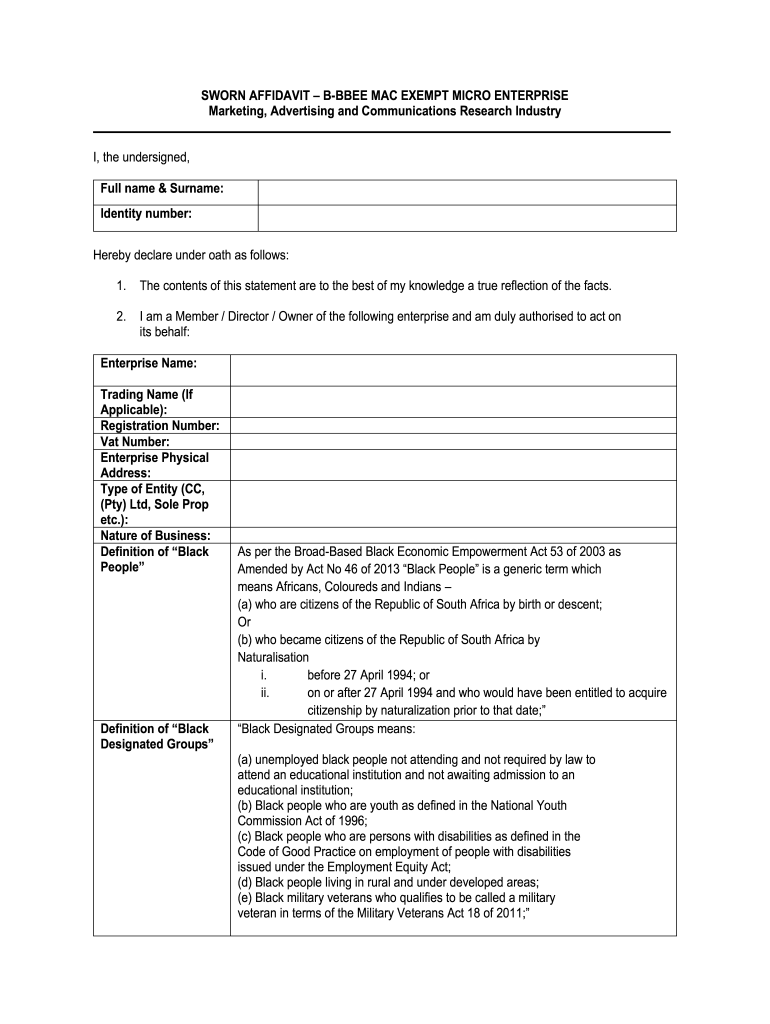 Fillable Online SWORN AFFIDAVIT MAC B-BBEE EXEMPT MICRO ENTERPRISE ...