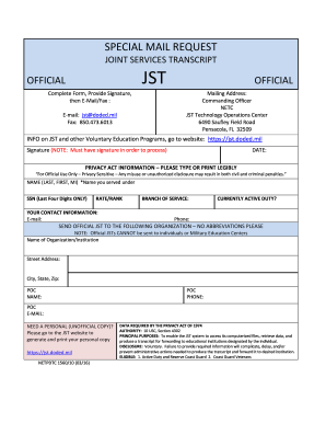 Fillable Online special mail request - Joint Services Transcript Fax ...