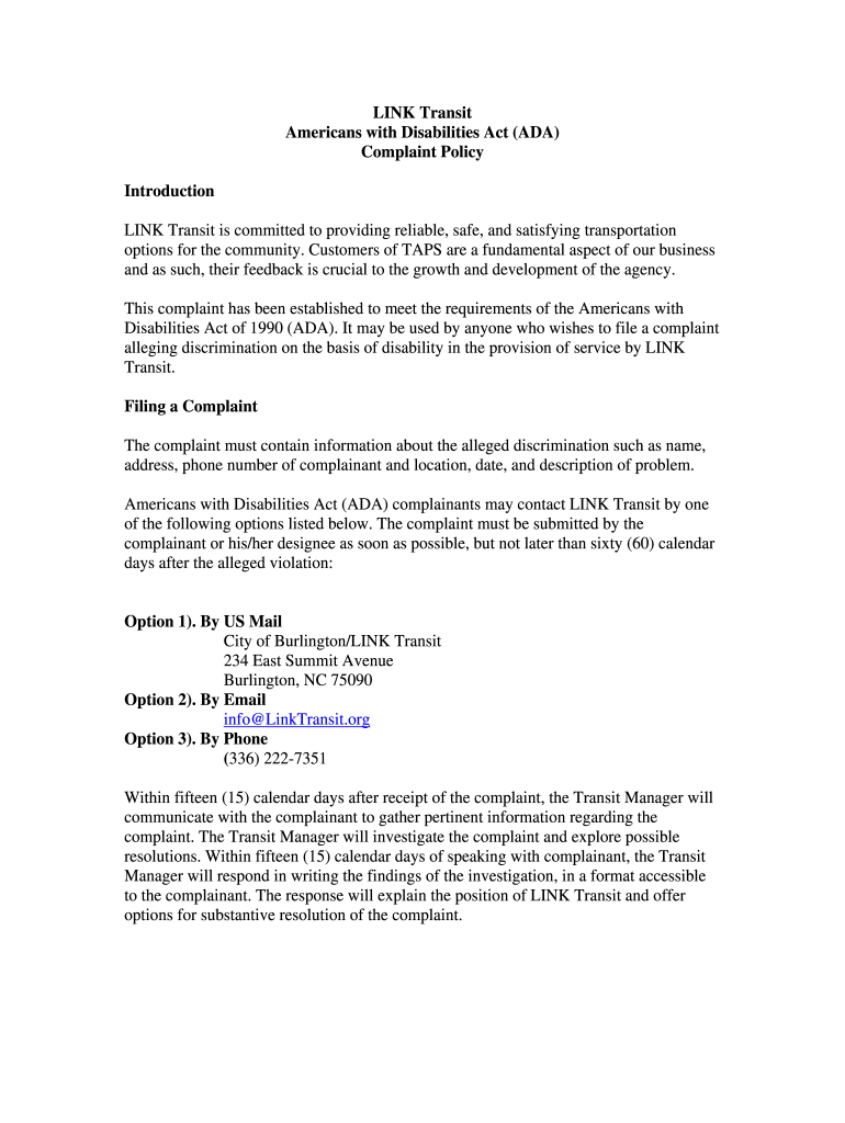 Fillable Online Link Transit ADA Complaint Policy & Form Fax Email ...