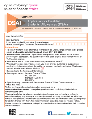 Fillable Online Student Finance Wales - DSA1 form - 2020/21. DSA1 - Disabled students allowances ...