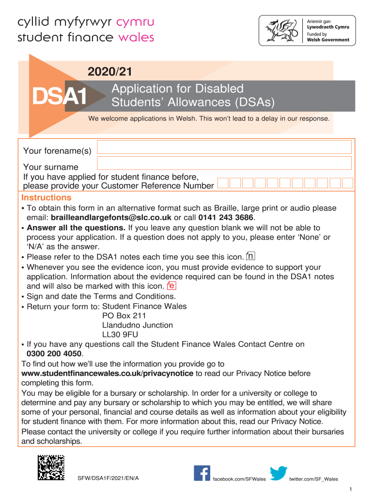 Fillable Online Student Finance Wales - DSA1 form - 2020/21. DSA1 - Disabled students allowances ...