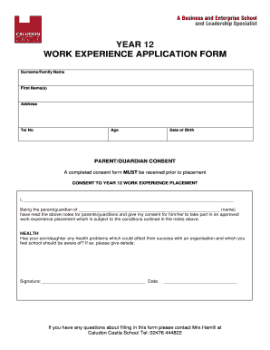Fillable Online Application form Work Experience Year 12 Fax Email ...