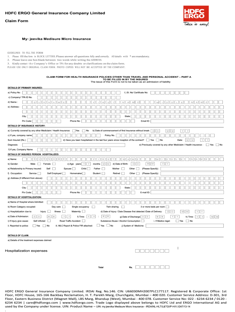Fillable Online HDFC ERGO General Insurance Company Limited Claim Form ...