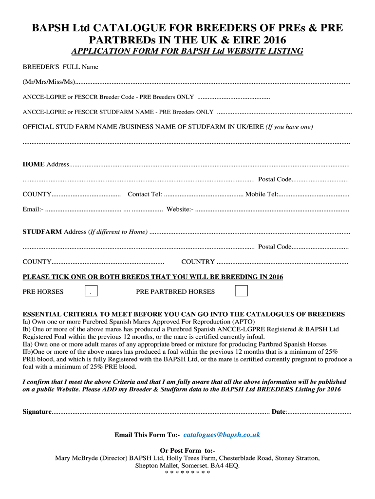 Fillable Online BAPSH Ltd CATALOGUE FOR BREEDERS OF PREs & PRE Fax ...