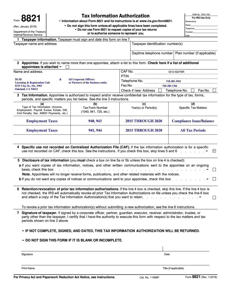 Fillable Online Form 8821 (Rev. March 2018). Tax Information ...