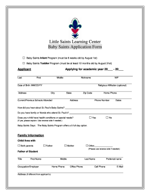 Fillable Online Little Saints Learning Center Baby Saints Application ...