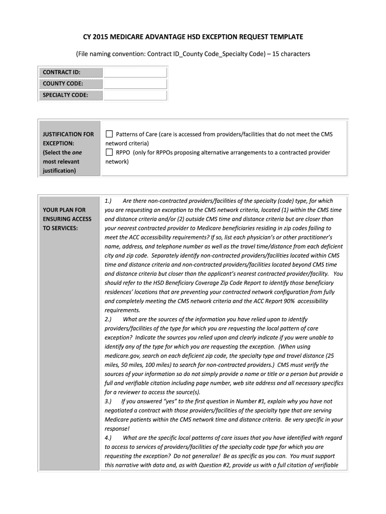 Fillable Online CY 2017 MEDICARE ADVANTAGE HSD EXCEPTION REQUEST ...