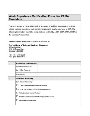 Fillable Online Work Experience Verification Form for CRMA Candidate ...