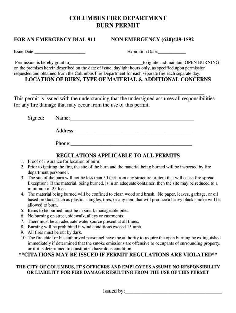 Fillable Online COLUMBUS FIRE DEPARTMENT BURN PERMIT Fax Email Print ...