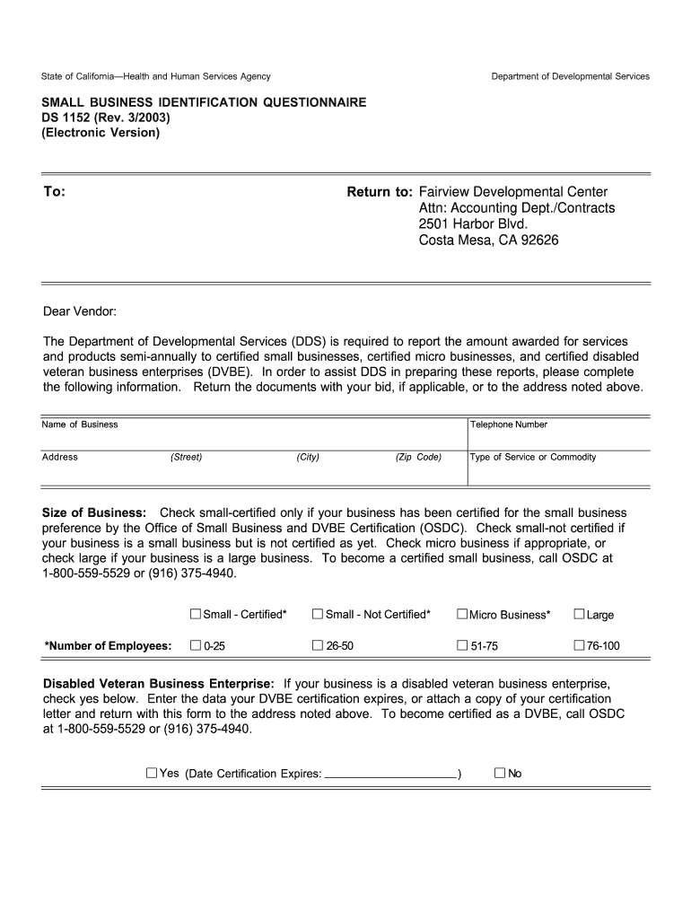 Fillable Online DS 1152-Small Business Identification Questionnaire Fax ...