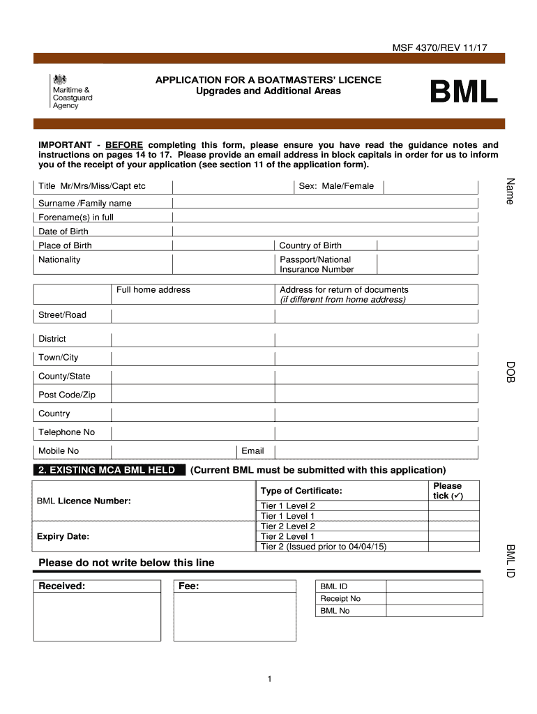 Fillable Online MSF 4364/XXXX APPLICATION FOR A BOATMASTERS LICENCE New ...
