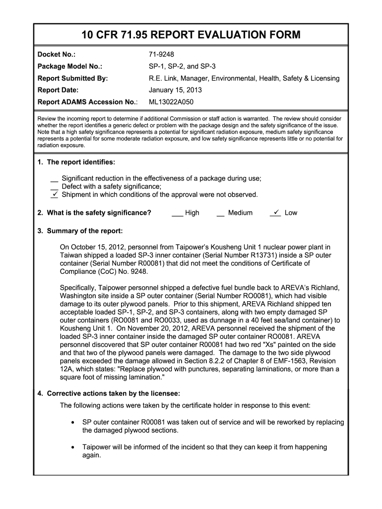 Fillable Online 10 CFR 71.95 Report Evaluation Form: 71-9248, Package ...