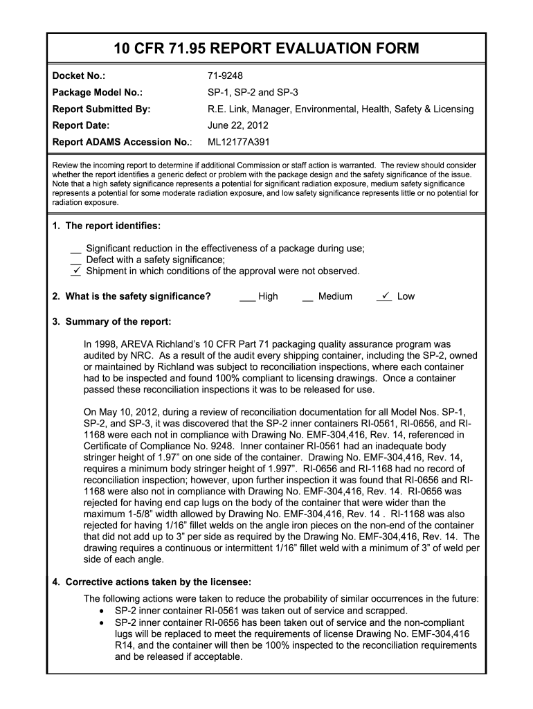 Fillable Online 10 CFR 71.95 Report Evaluation Form: 71-9248, Model No ...