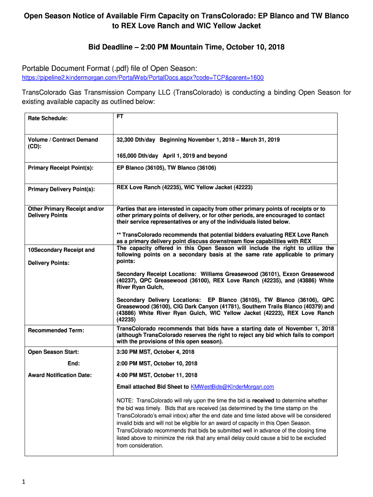 Fillable Online Open Season Notice of Available Firm Capacity on ...
