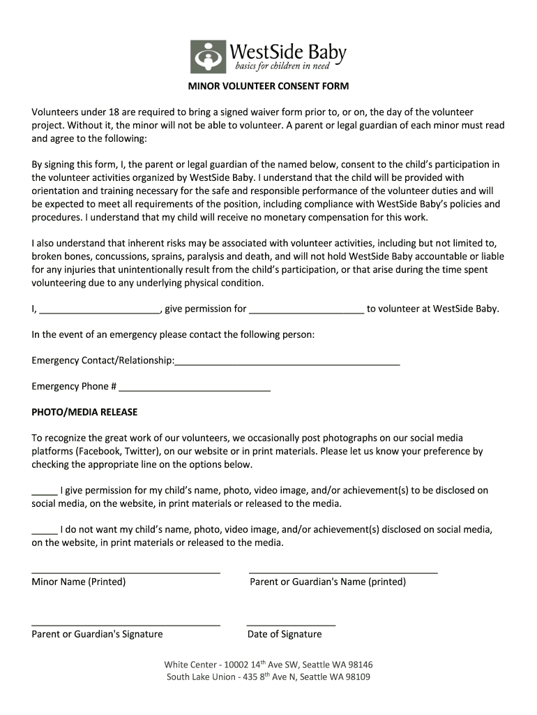 Fillable Online Minor Volunteer Parental Consent Form - WestSide Baby Fax Email Print - pdfFiller