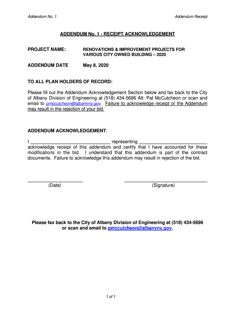 Fillable Online ADDENDUM No. 1 - RECEIPT ACKNOWLEDGEMENT PROJECT ...