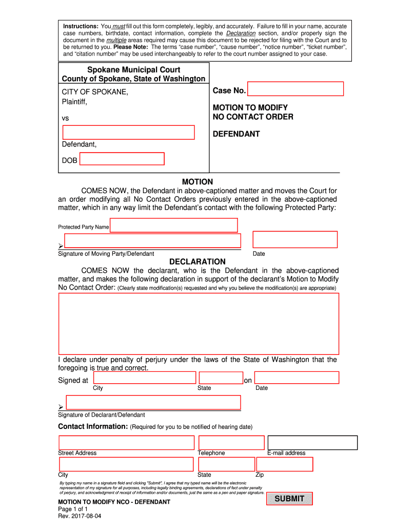 Motion to Modify No Contact Order - Blank Fillable Template | Fill Out ...