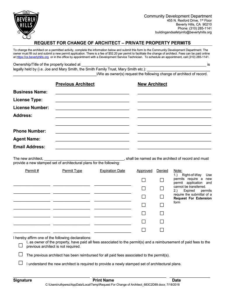 Fillable Online REQUEST FOR CHANGE OF ARCHITECT PRIVATE PROPERTY ...