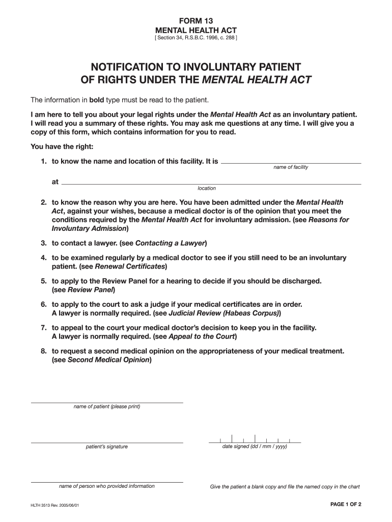 Mental Health Act Form 13 Notification To Involuntary Patient Of