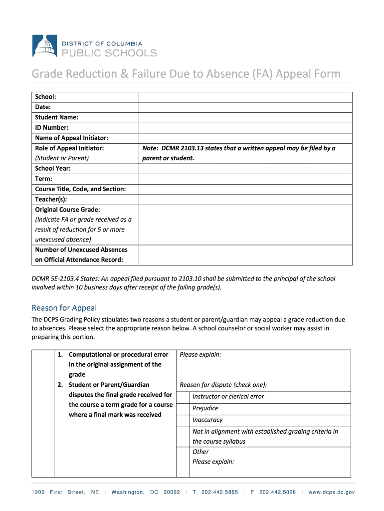 Fillable Online Grade Reduction & Failure Due to Absence Appeal Form ...