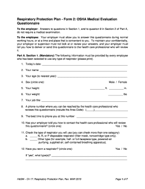 Fillable Online Respiratory Protection Plan - Form 2: OSHA Medical ...