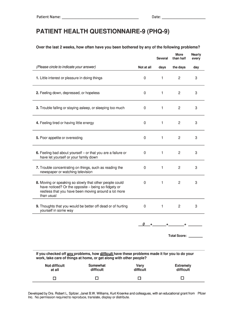 Fillable Online patient health questionnaire (phq-9) + 3 - Community ...
