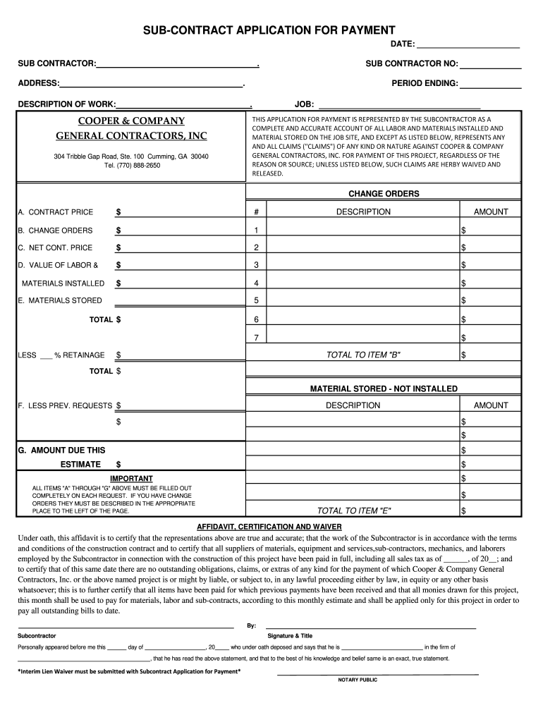 Fillable Online SUB-CONTRACT APPLICATION FOR PAYMENT Fax Email Print ...