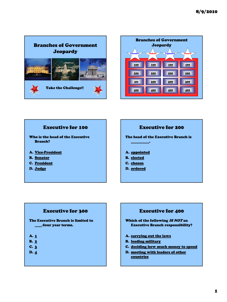 Fillable Online Branches of Government Jeopardy Executive for 100 ...