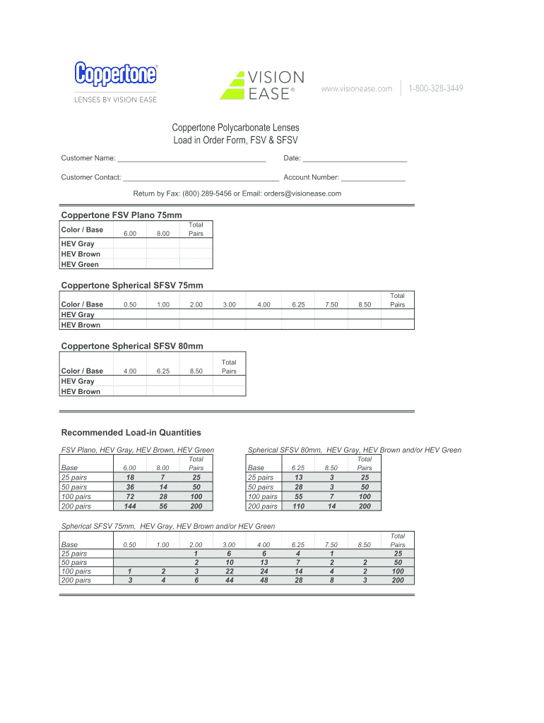 Fillable Online Coppertone Polycarbonate Lenses Load in Order Form, FSV ...