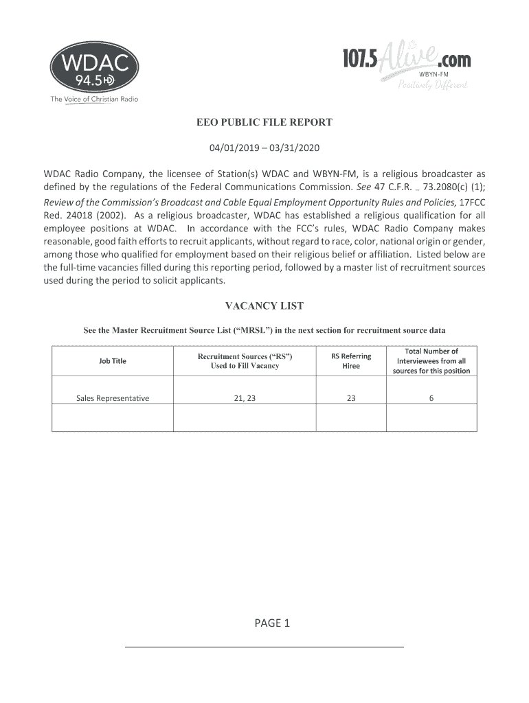 Fillable Online WDAC Radio Company, the licensee of Station(s) WDAC and ...