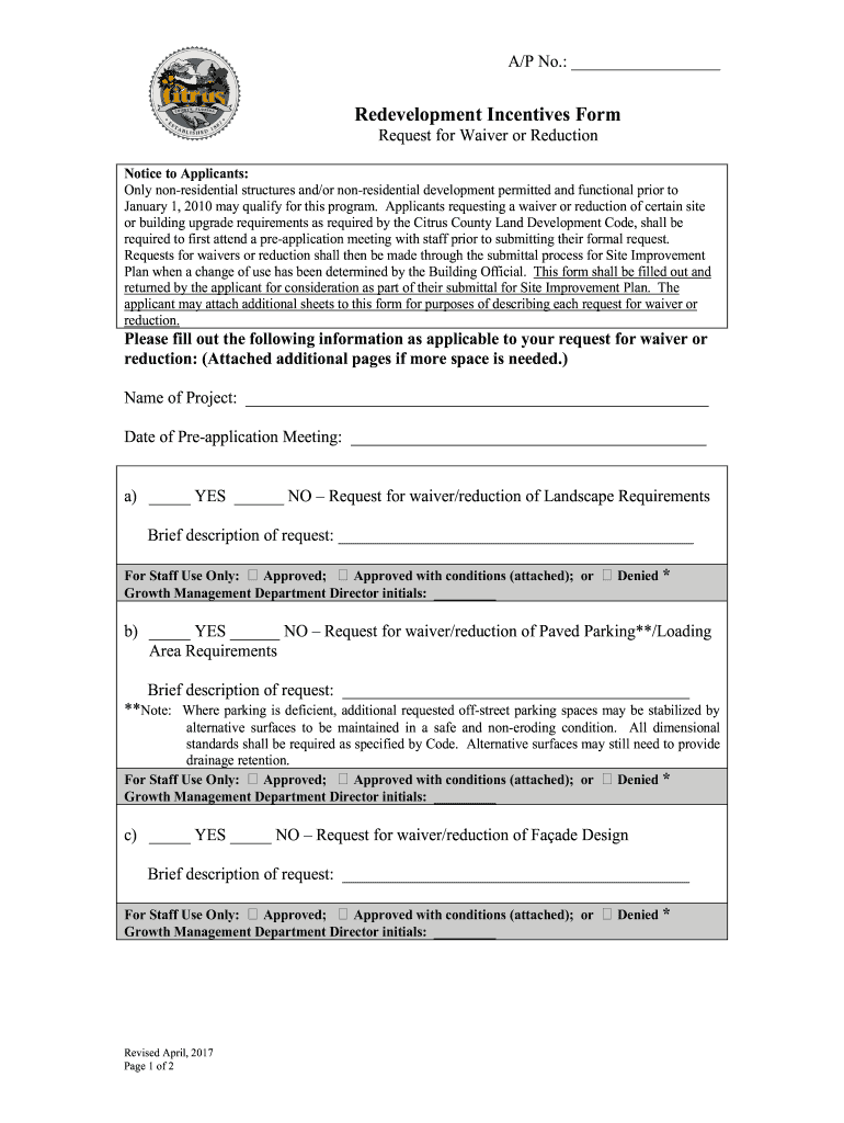 Fillable Online Redevelopment Incentives Form. Redevelopment Incentives ...