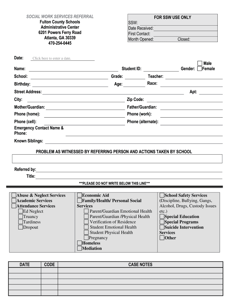 Fillable Online SOCIAL WORK SERVICES REFERRAL FOR SSW USE ONLY Fulton ...