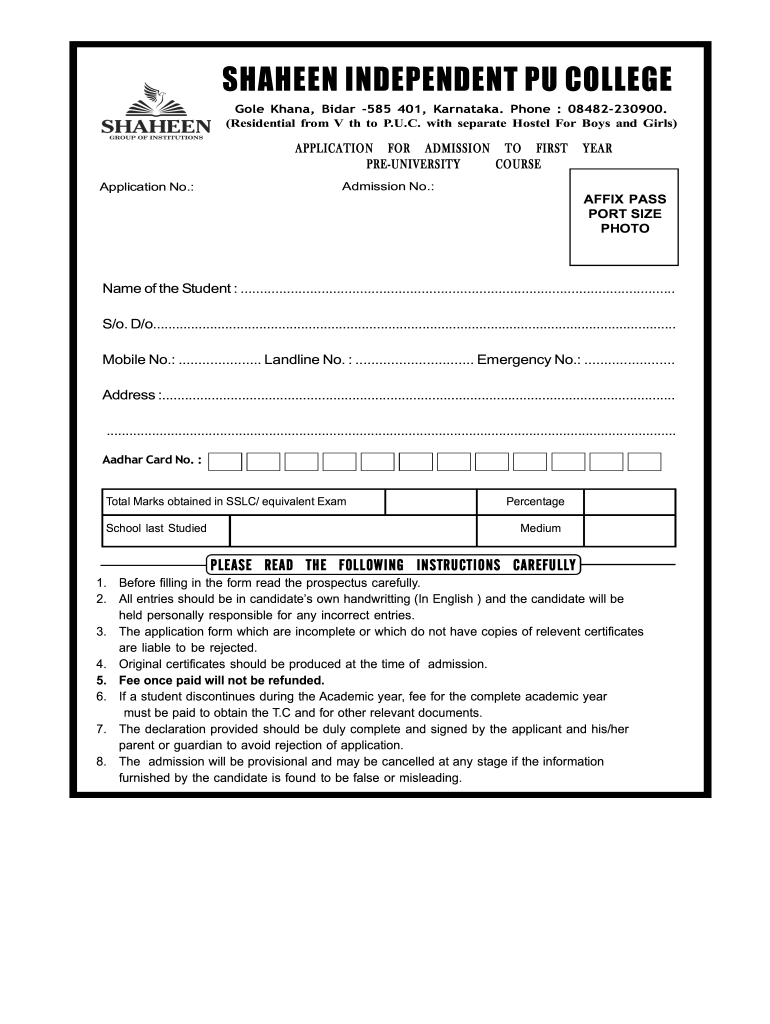 Fillable Online Shaheen Independent Pu College Bidar - Fill Online ...