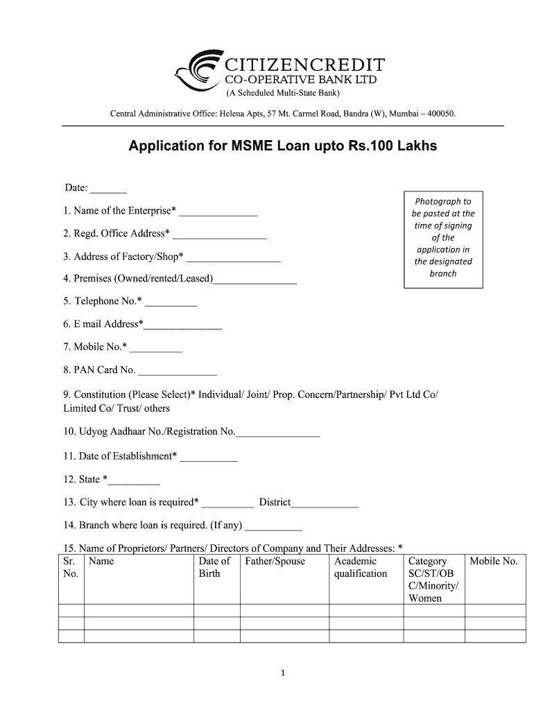 Fillable Online CitizenCredit Co-op Bank Ltd - MSME Loan Form. MSME ...