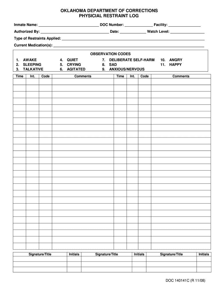 Fillable Online oklahoma department of corrections physicial restraint ...