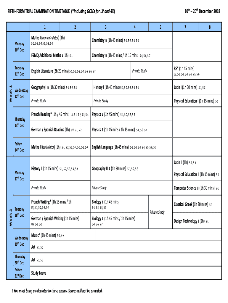 Fillable Online FIFTH?FORM TRIAL EXAMINATION TIMETABLE (*Including ...