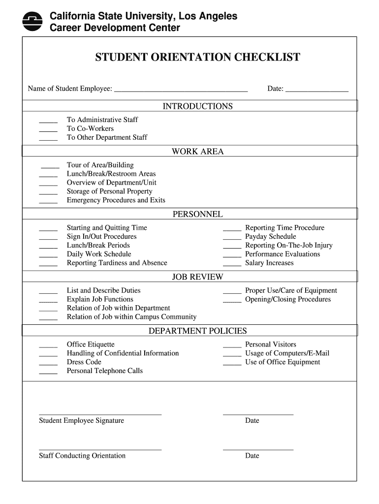 Fillable Online STUDENT ORIENTATION CHECKLIST - Cal State LA Fax Email ...