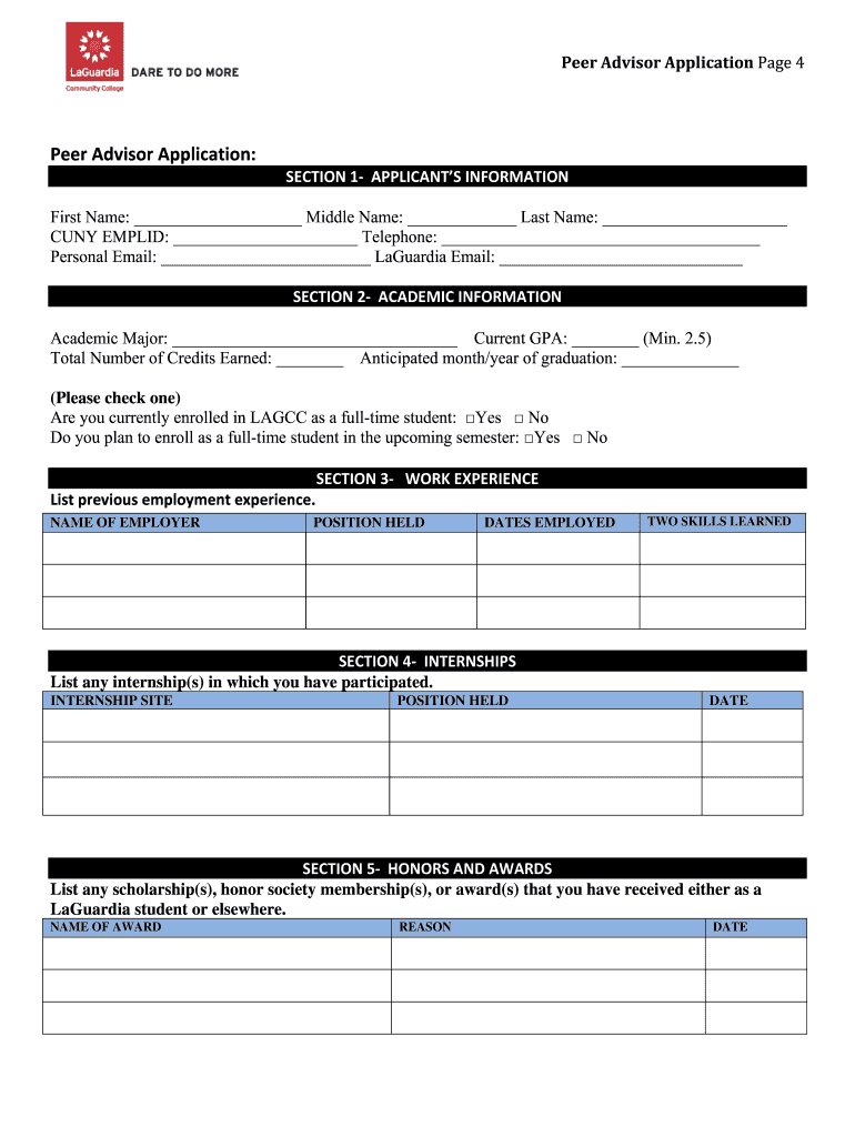 Fillable Online Peer Advisor Application Page 1 Fax Email Print - pdfFiller