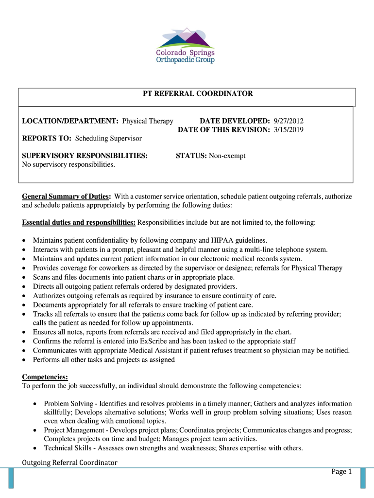 Fillable Online Outgoing Referral Coordinator Page 1 PT REFERRAL ...