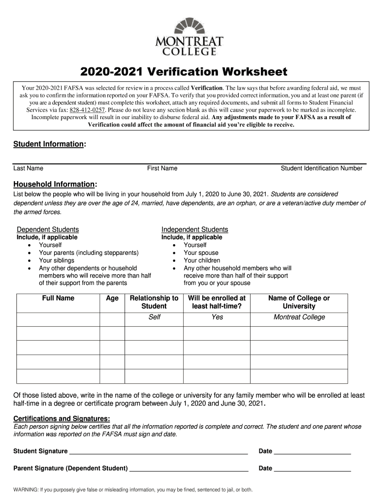 Fillable Online 2020-2021 INDEPENDENT Verification (V1) Worksheet Fax Email Print - pdfFiller