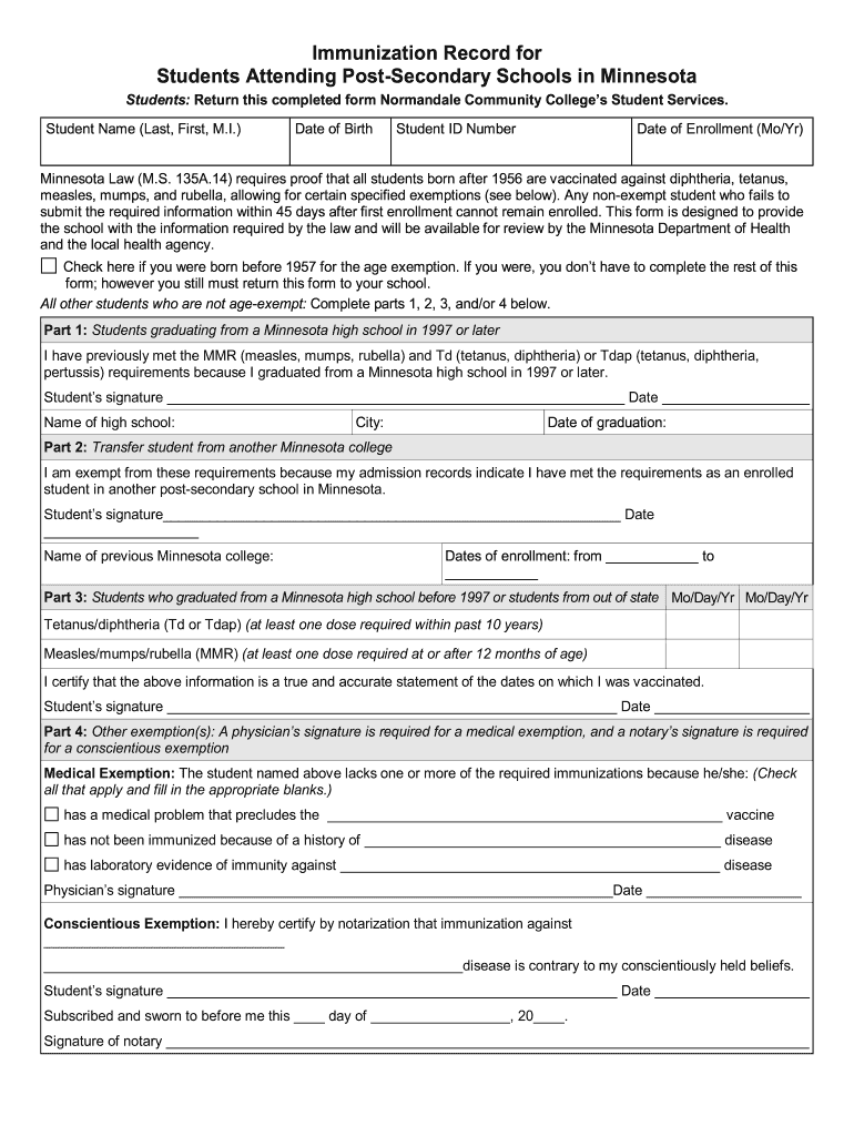 Fillable Online Immunization Record for Students Attending Post ...