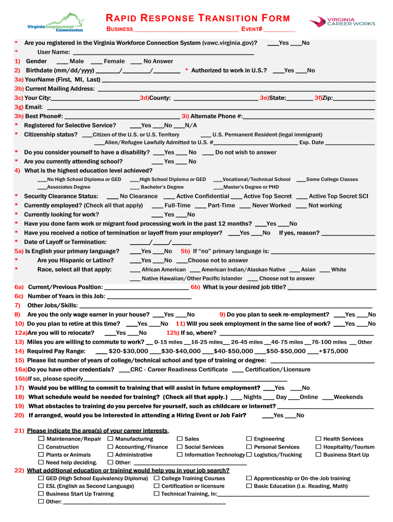 Fillable Online RAPID RESPONSE TRANSITION FORM Fax Email Print - pdfFiller
