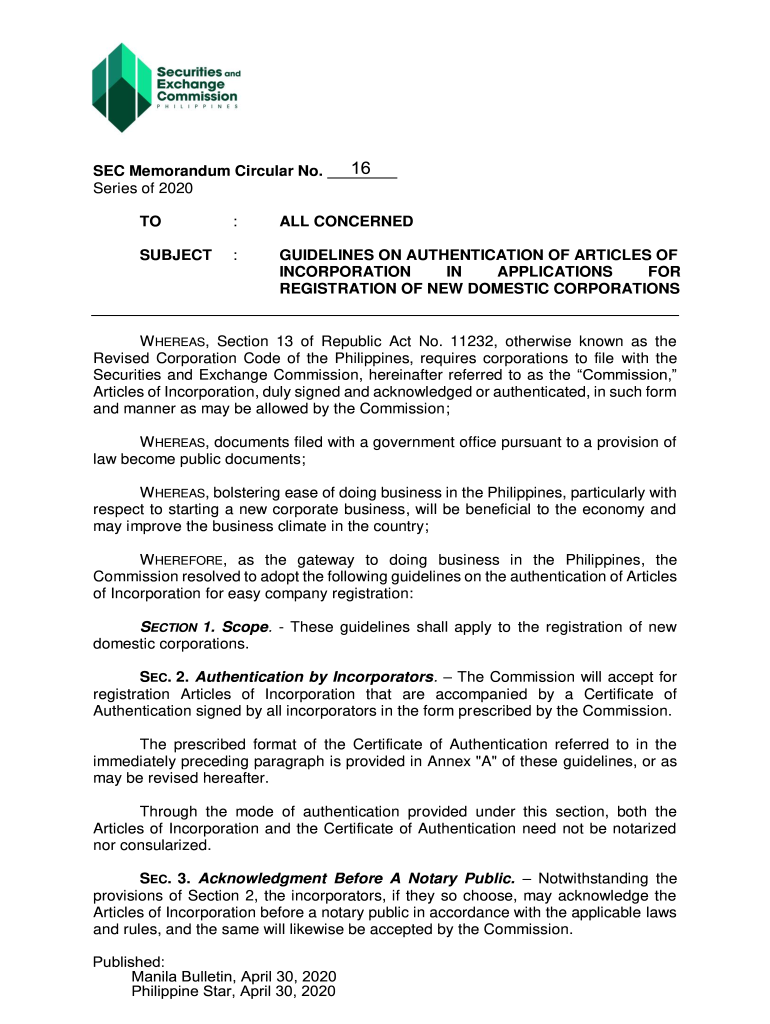 Fillable Online GUIDELINES ON AUTHENTICATION OF ARTICLES OF Fax Email ...