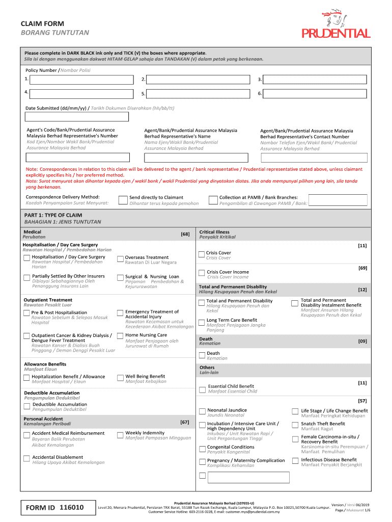Fillable Online form id claim form borang tuntutan 116010 - Prudential ...