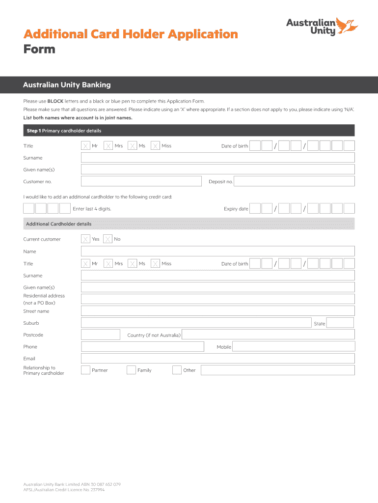 Fillable Online Additional Card Holder Application Form - Australian Unity Fax Email Print ...
